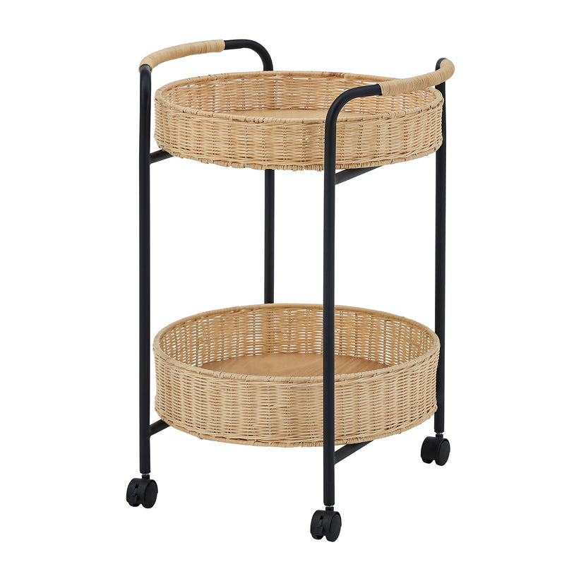18" 2-Tier Rattan Baskets Serving Cart with Black Metal Frame on Wheels ...