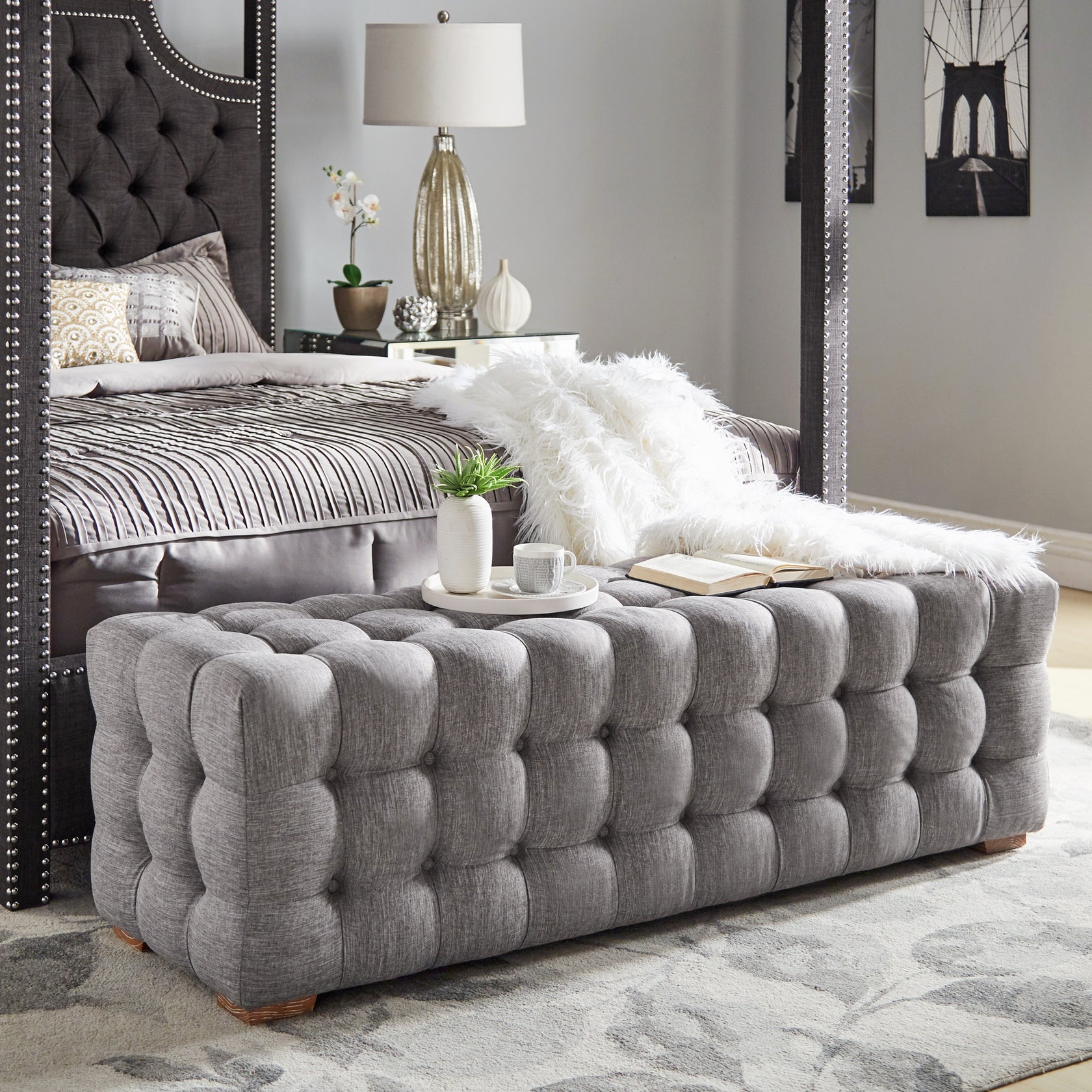 Linen Fabric Tufted Bench - Grey by iNSPIRE Q Artisan – iNSPIRE Q Home