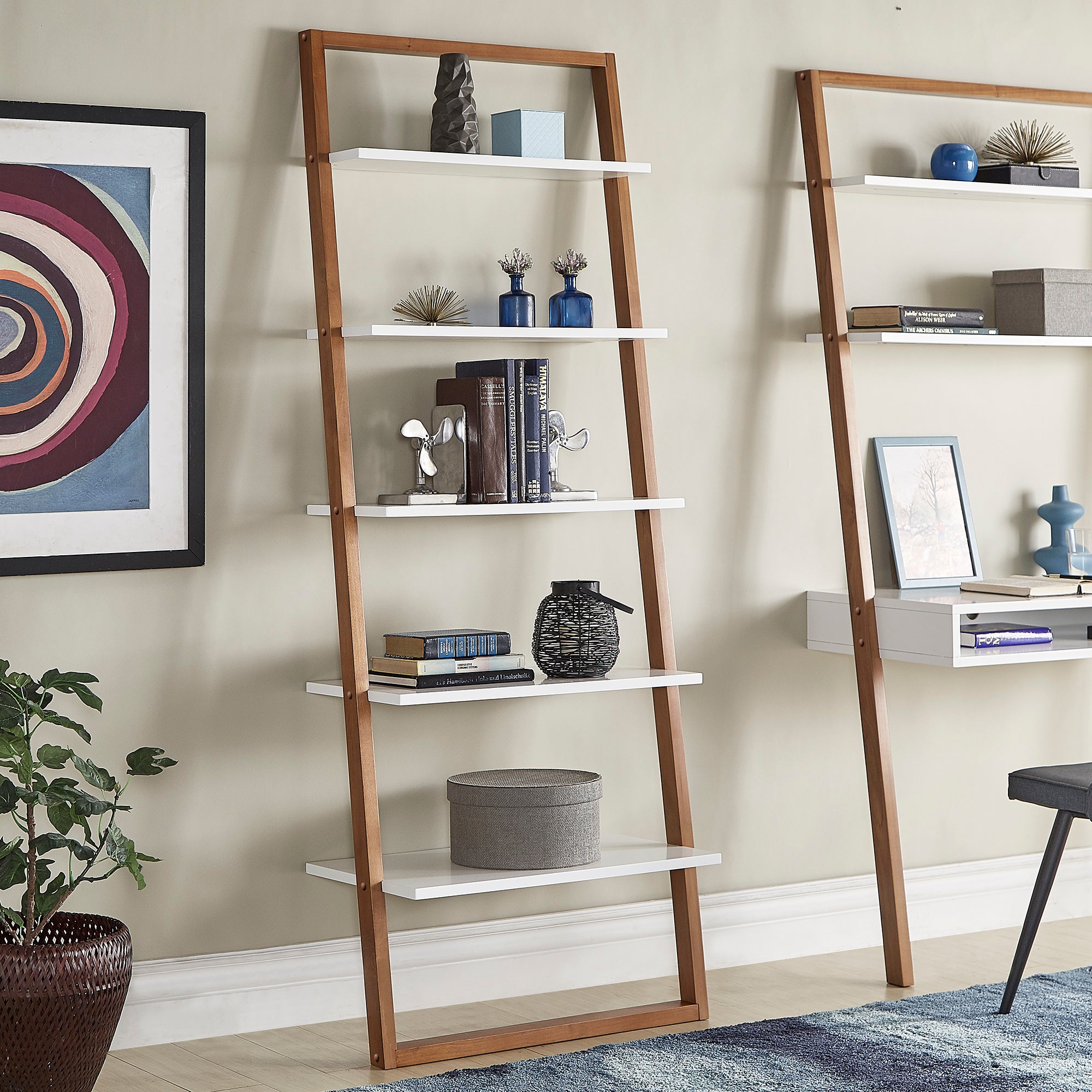 Two-Tone Leaning Ladder Bookcase - Natural and White Finish by iNSPIRE ...