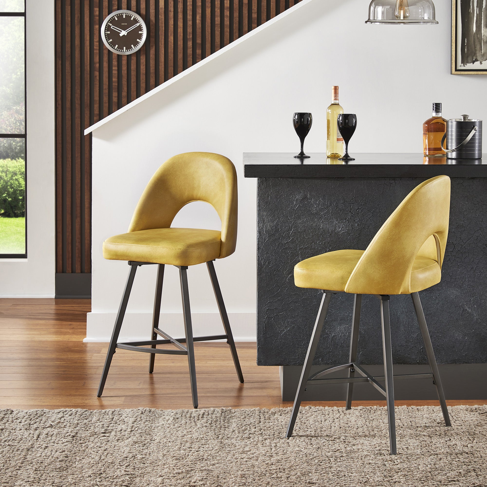 Metal Swivel Stools (Set of 2) - Yellow PU Leather, 24" Counter Height ...
