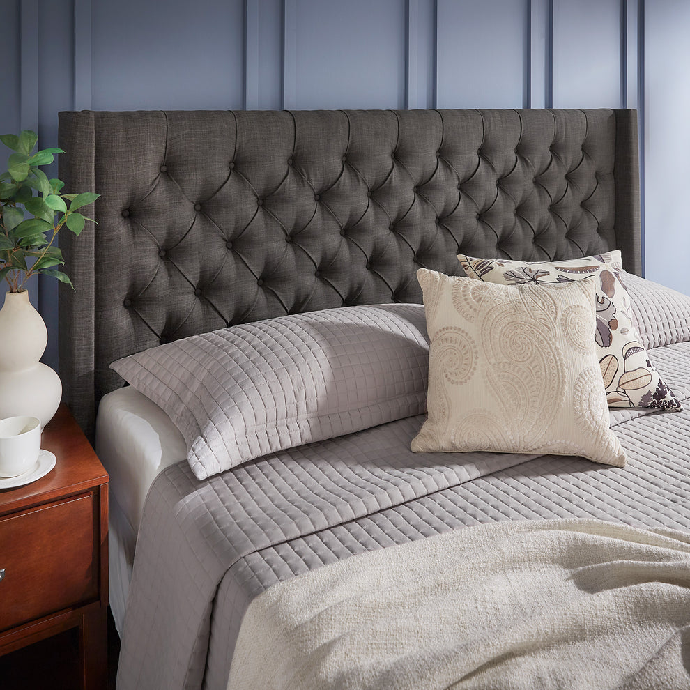 Wingback Button Tufted Linen Fabric Headboard - Dark Grey, 52-inch ...